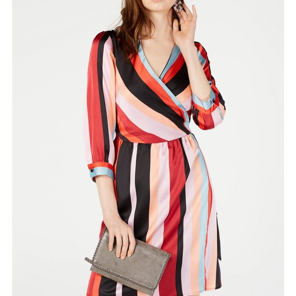 Bar III | Dresses | Bar Iii Womens Belted Striped Long Sleeve V Neck ...